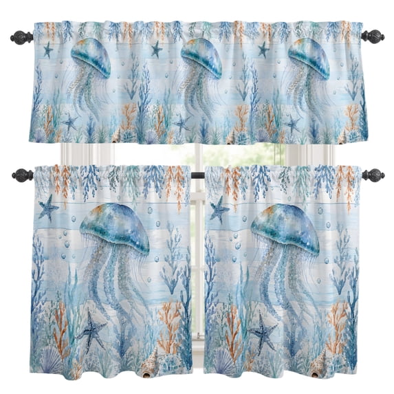 Blue Jellyfish Kitchen Curtains Set for Windows, Nautical Coastal Shell ...