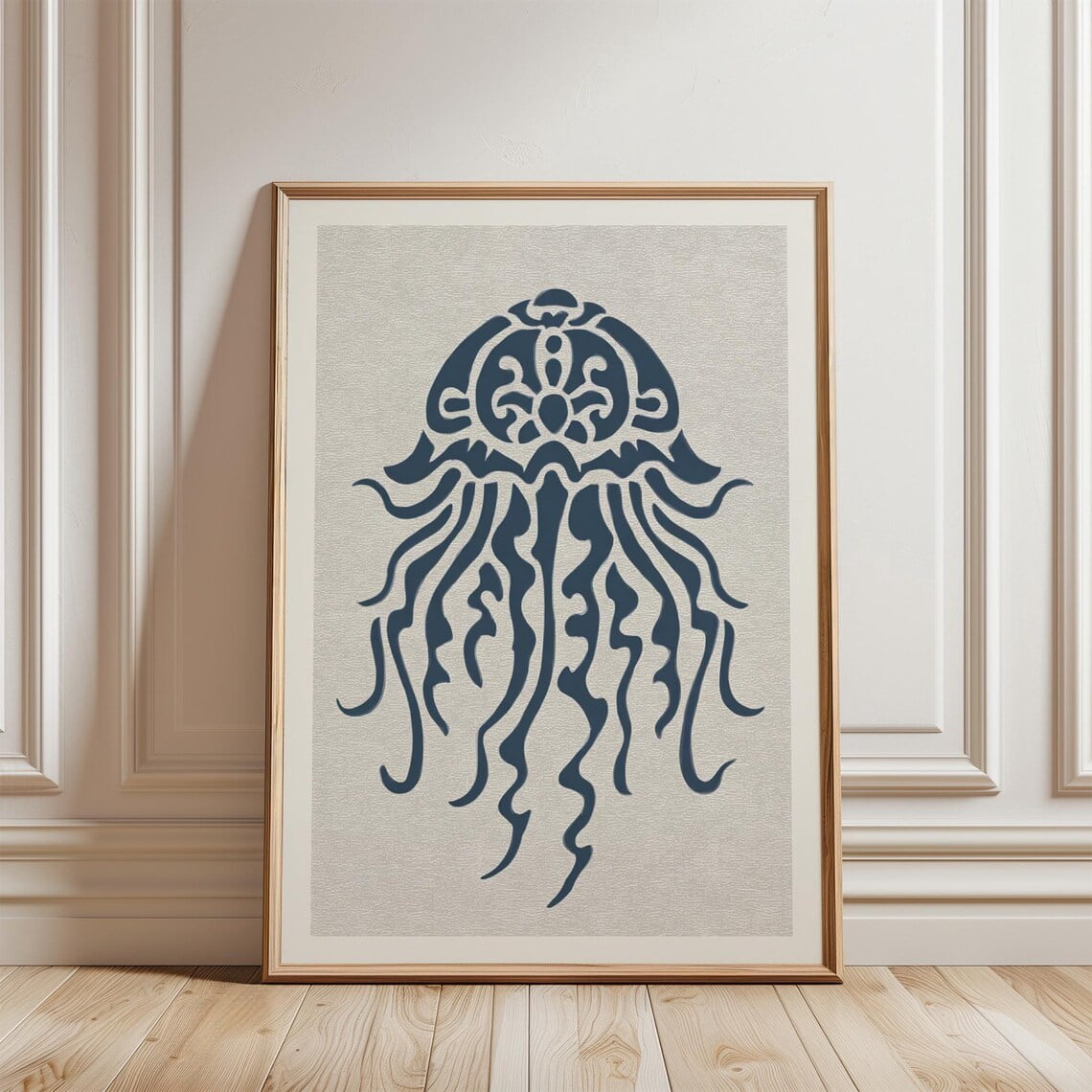 Blue Jellyfish Minimal Marine Illustration Japanese Linocut Art ...