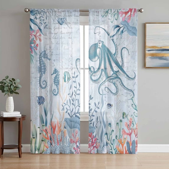 Blue Jellyfish Octopus Sheer Curtains 72 Inch Length 2 Panels Set ...