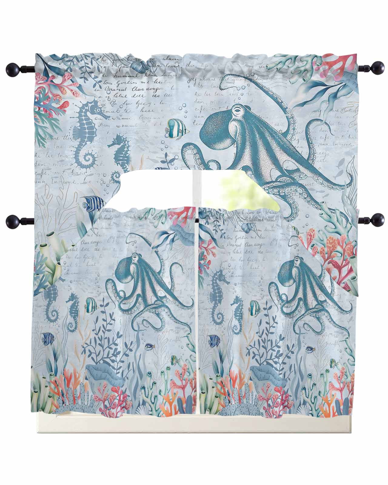 Blue Jellyfish Octopus Swag Kitchen Curtains Sets for Windows 24 Inch ...