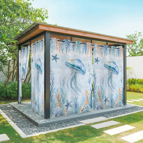 Blue Jellyfish Outdoor Curtains for Patio, Nautical Coastal Shell ...