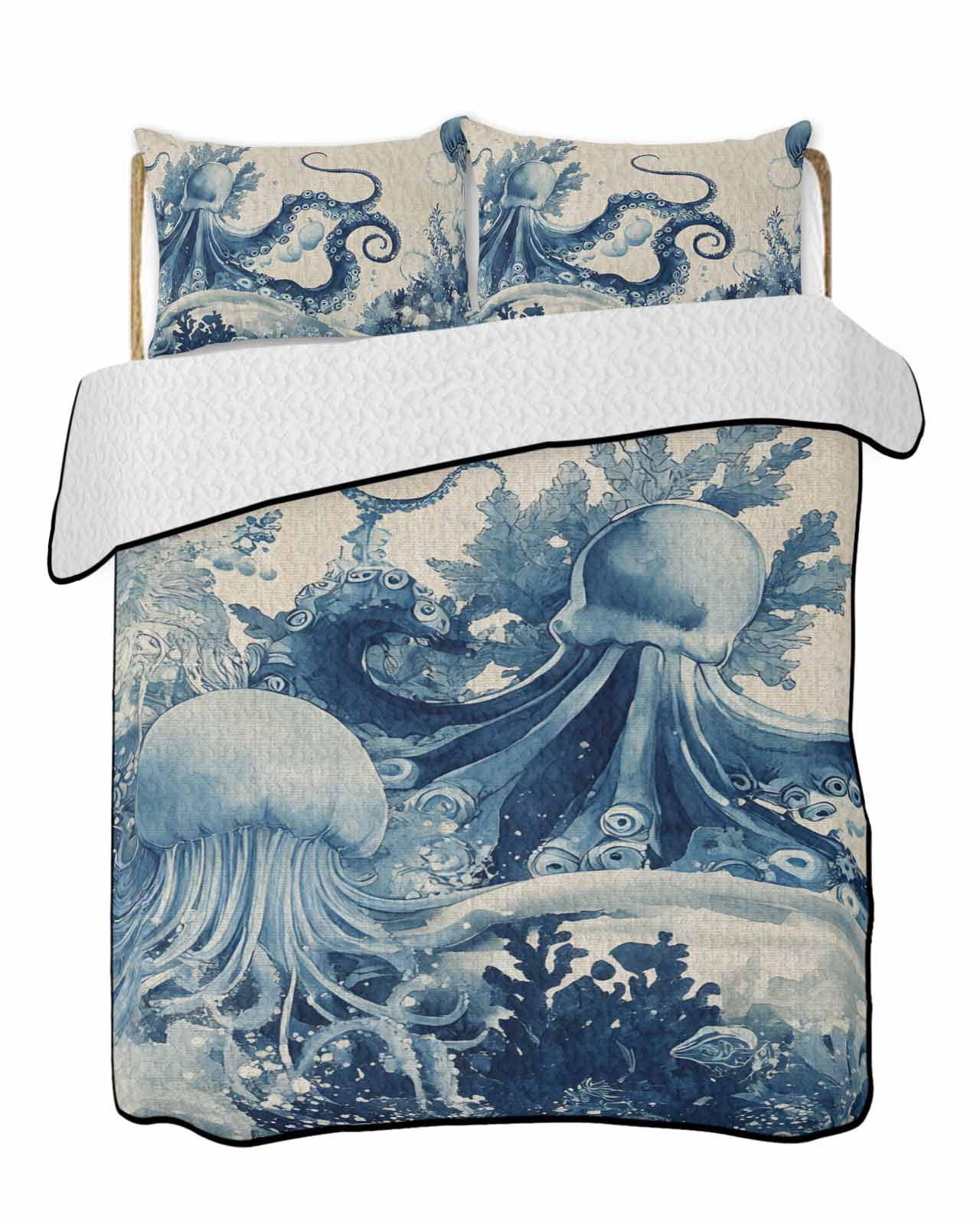Blue Jellyfish Quilts Bedding Set Twin Size Marine Animal Coral Shell ...