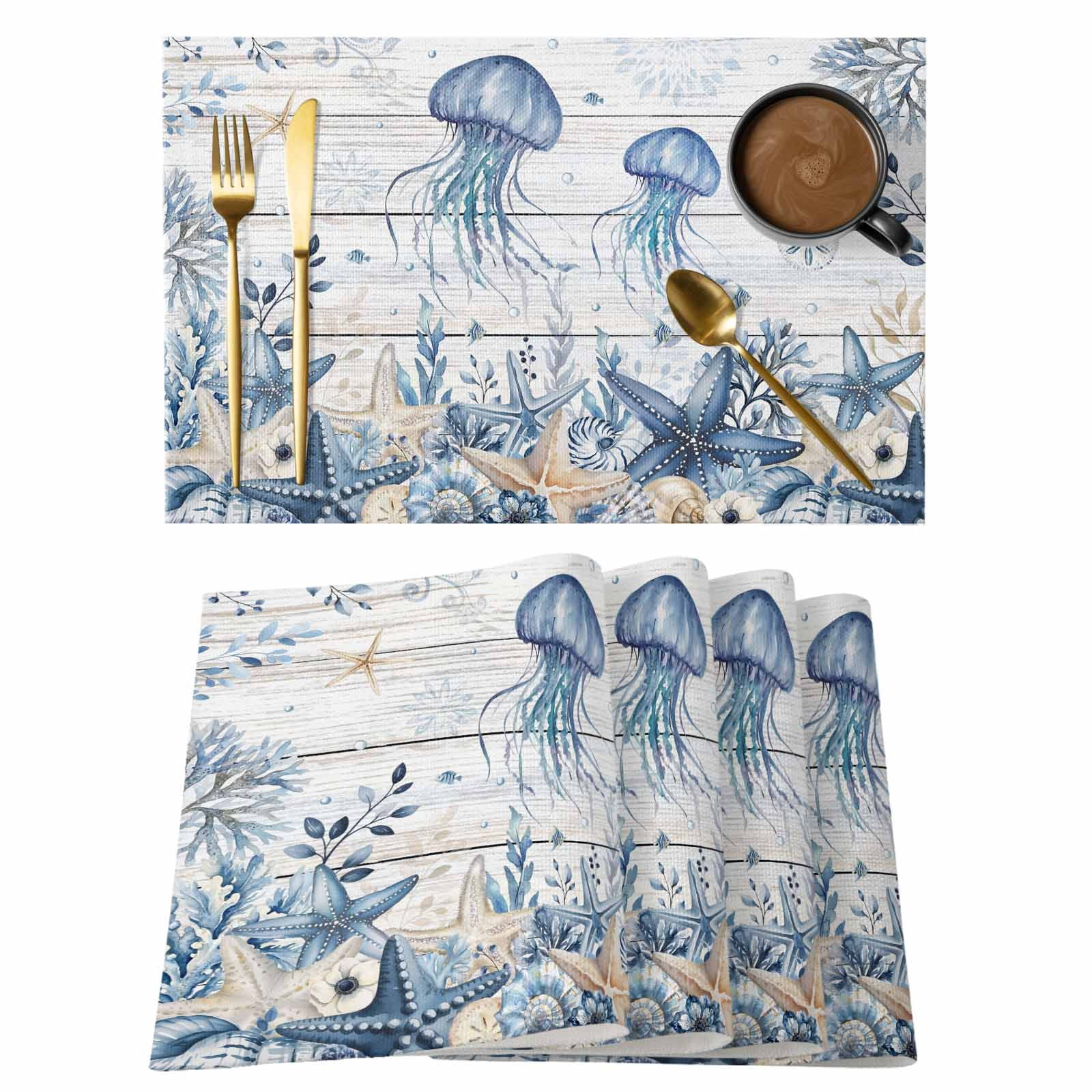 Blue Jellyfish Retro Wooden Board Placemats Set of 6,Wipeable Washable ...