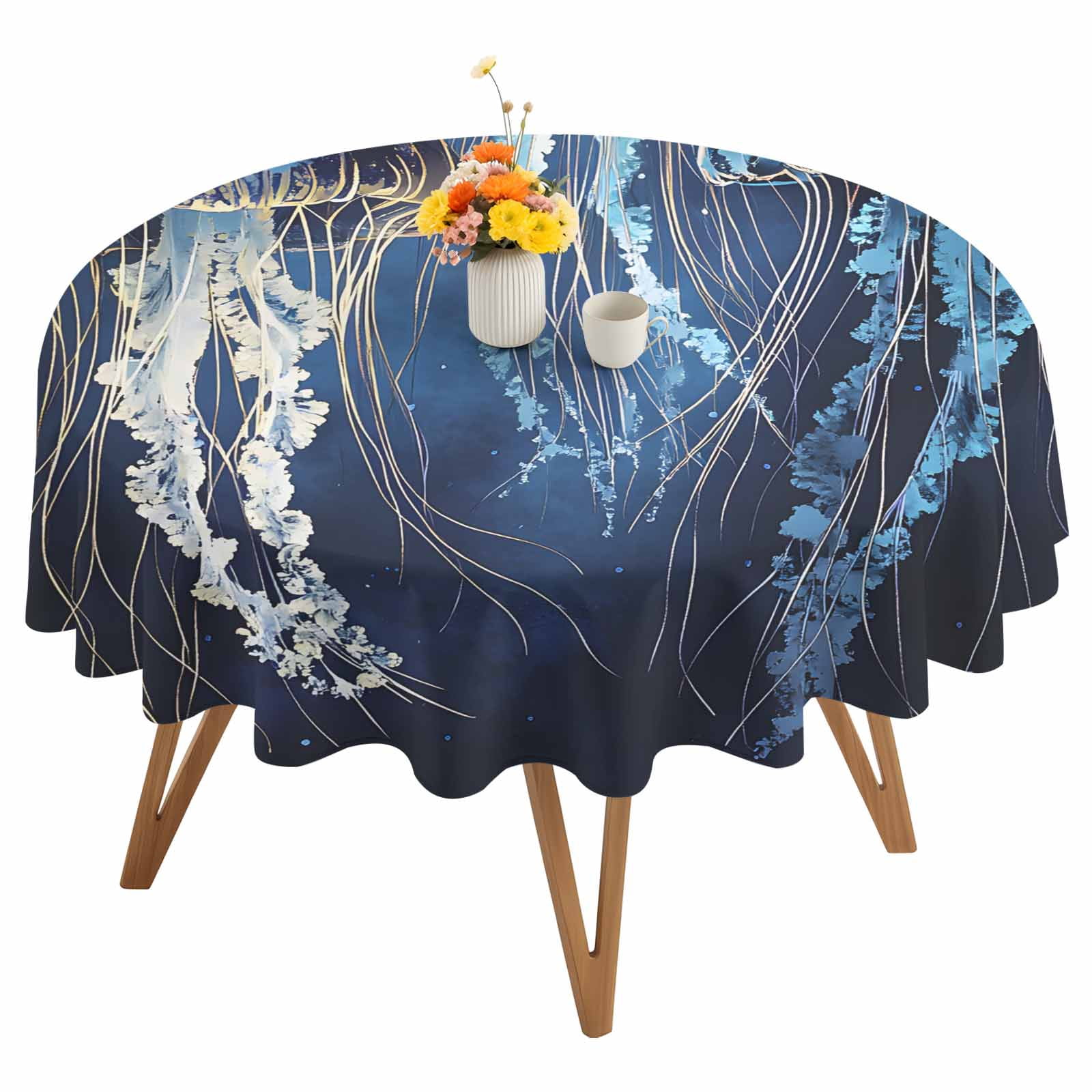 Blue Jellyfish Round Tablecloth 54 inches Ocean Dreamy Coastal Nautical ...
