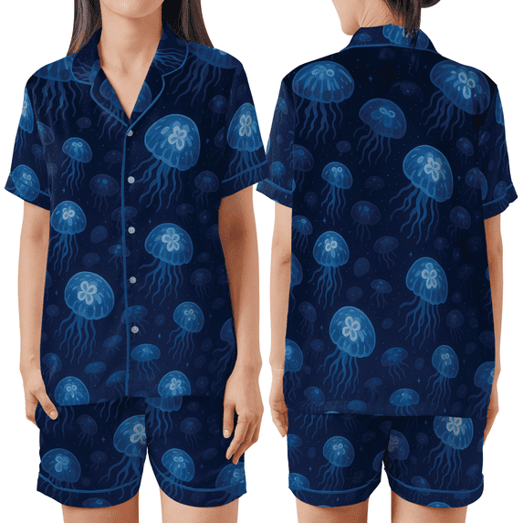 Blue Jellyfish Satin Pajamas Set, Ocean Sea Jelly Sleepwear, Cute ...