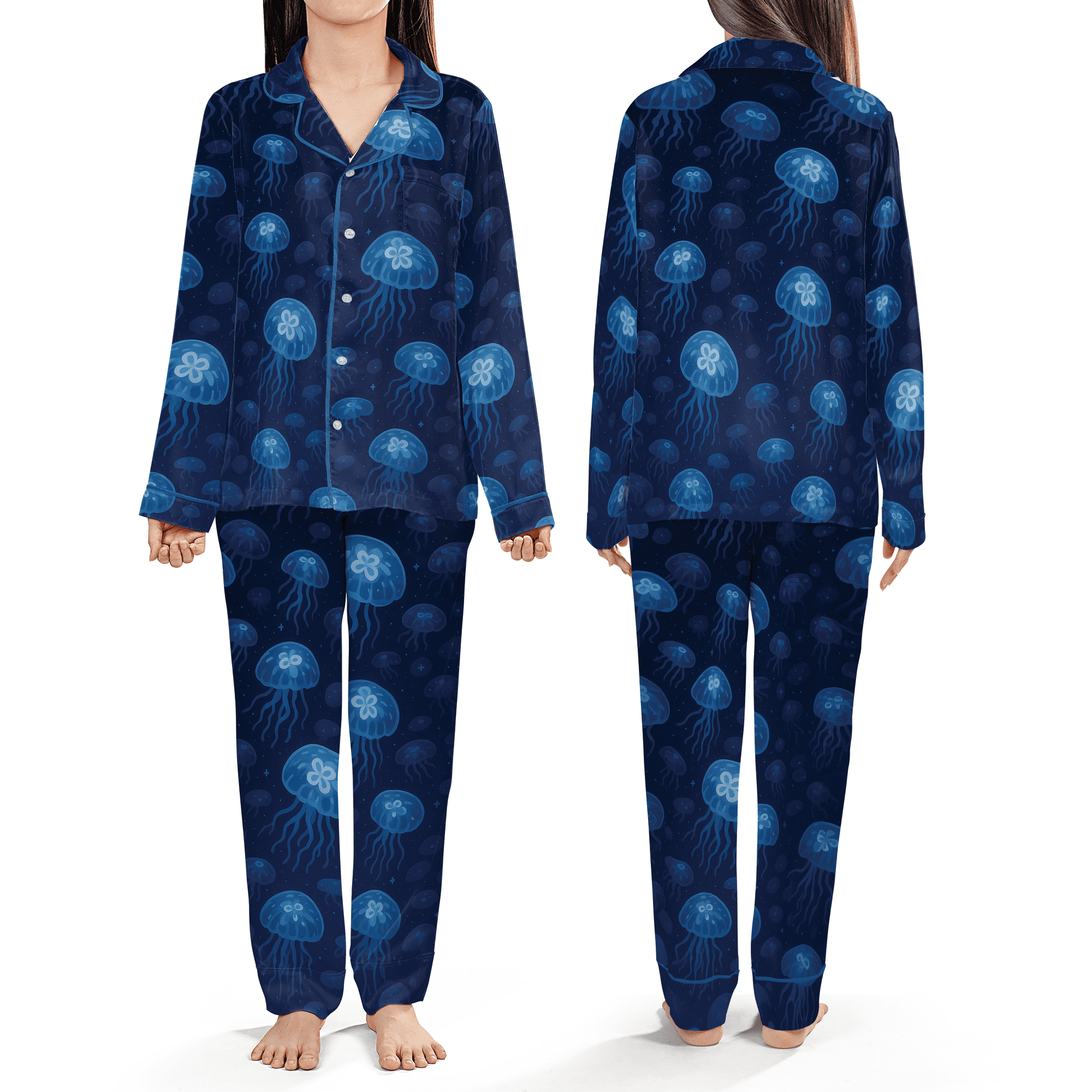 Blue Jellyfish Satin Pajamas Set, Ocean Sea Jelly Sleepwear, Cute ...