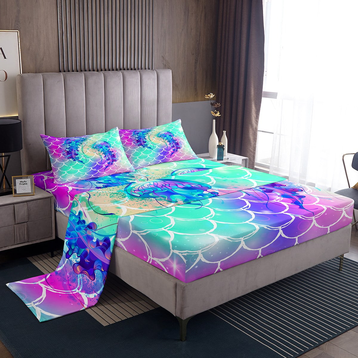 Blue Jellyfish Sheet Set,Ocean Sheets Pastel Teal Purple Mermaid Scale ...