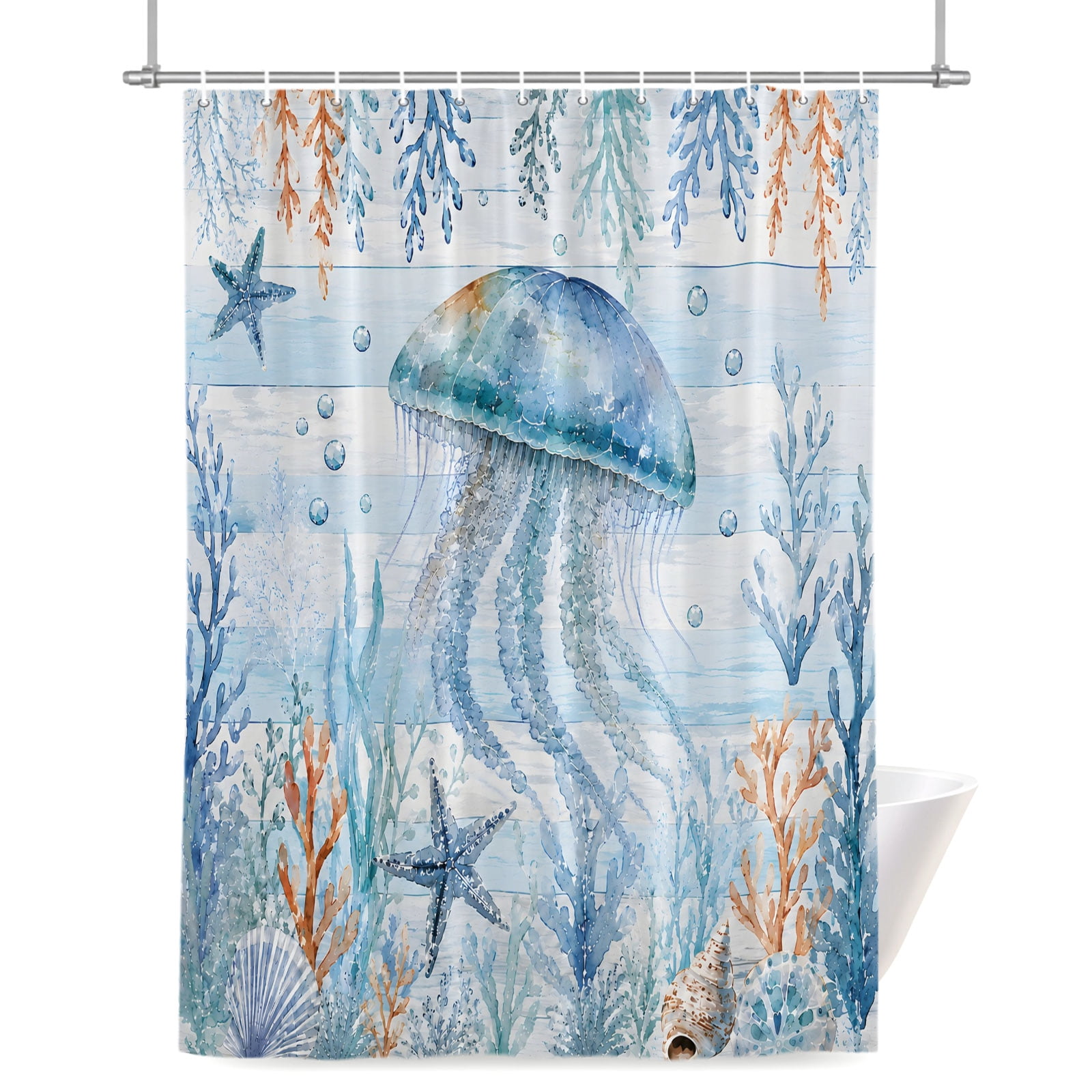 Blue Jellyfish Shower Curtains for Bathroom, Nautical Coastal Shell ...