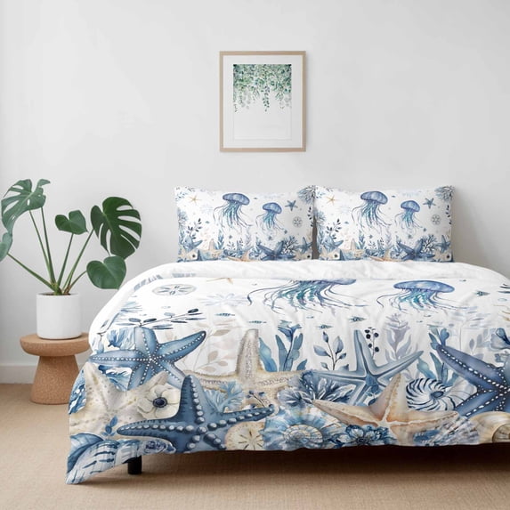 Blue Jellyfish Starfish Coral Flowers California King Size Bed Set ...