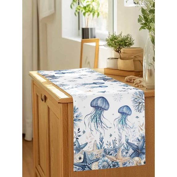 Blue Jellyfish Starfish Coral Flowers Table Runner 13x70in Non-Slip ...
