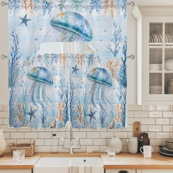 Blue Jellyfish Swag Valance and Tier Set of 3, Nautical Coastal Shell ...