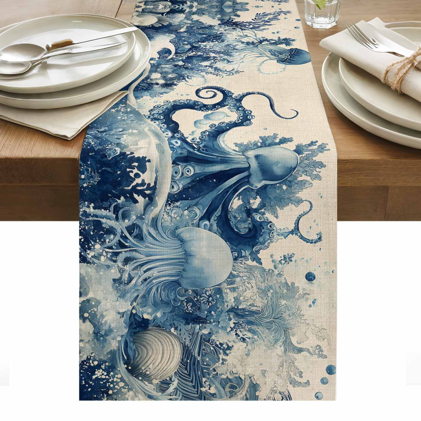 Blue Jellyfish Table Runner 13 x 48 Inch, Marine Animal Coral Shell ...