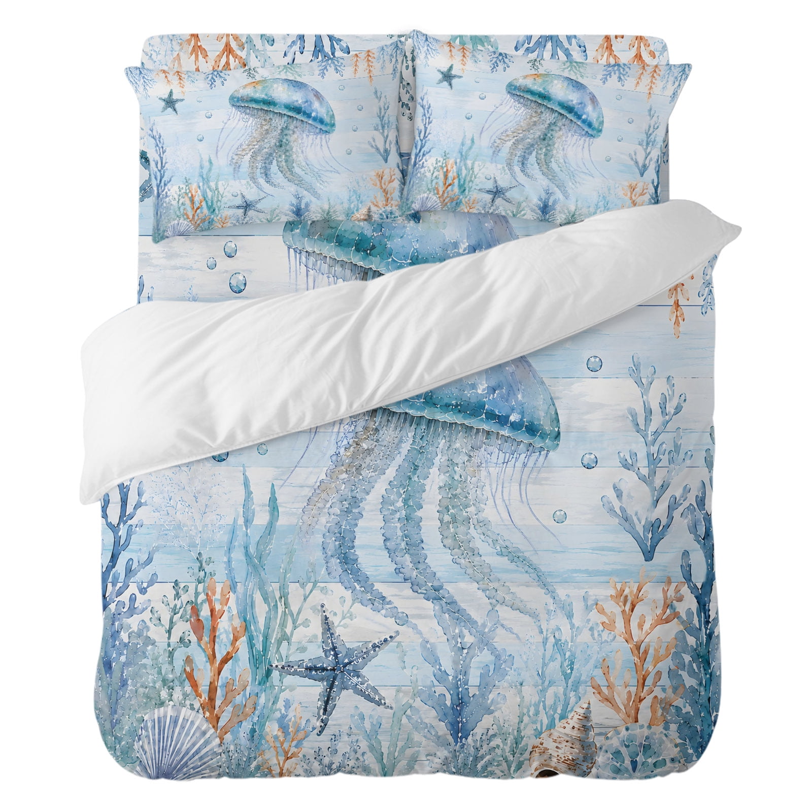 Blue Jellyfish Twin Duvet Cover Set, Nautical Coastal Shell Bubble Wood ...