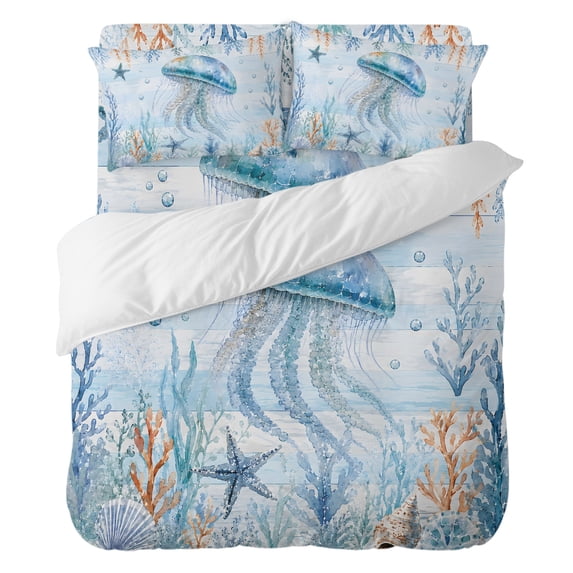 Blue Jellyfish Twin Duvet Cover Set, Nautical Coastal Shell Bubble Wood ...