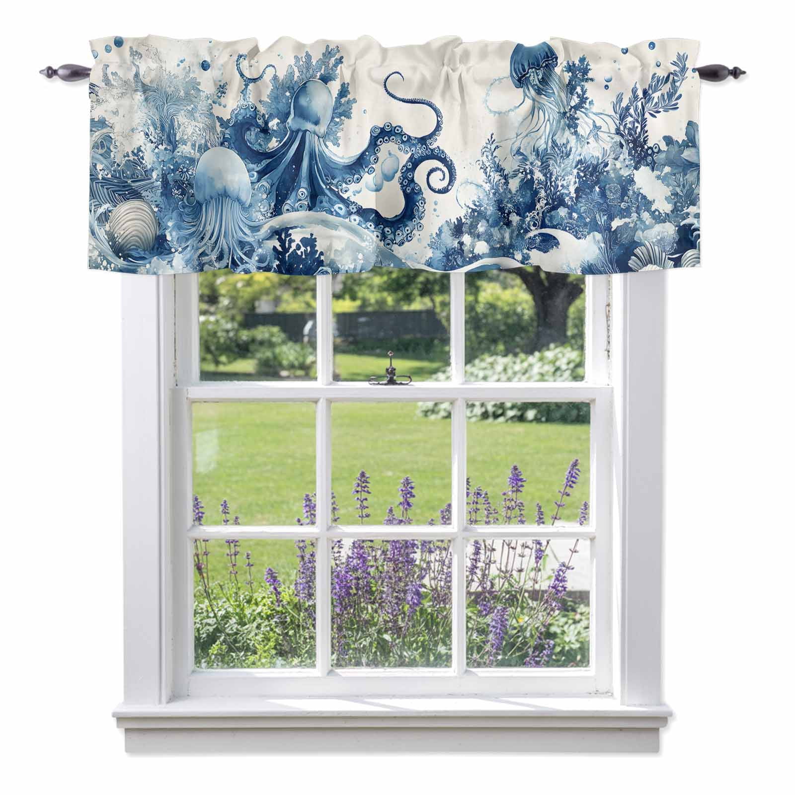Blue Jellyfish Valances for Windows Abstract Marine Animal Coral Shell ...