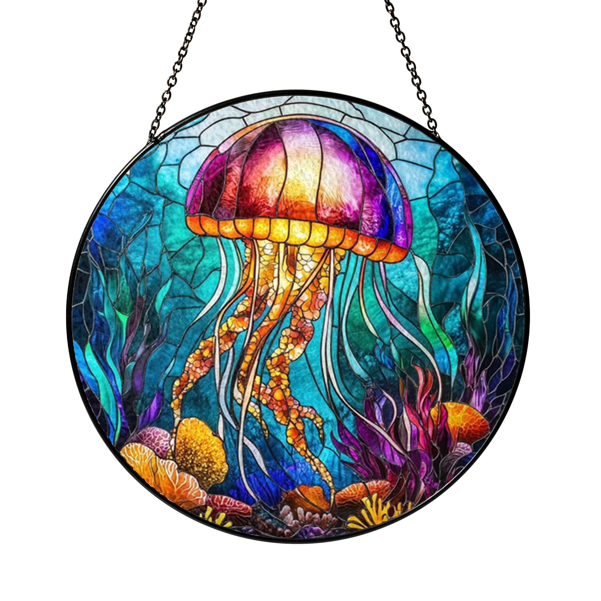 Blue Jellyfish Window Hanging Decor, Ocean Inspired Stained Glass Style ...