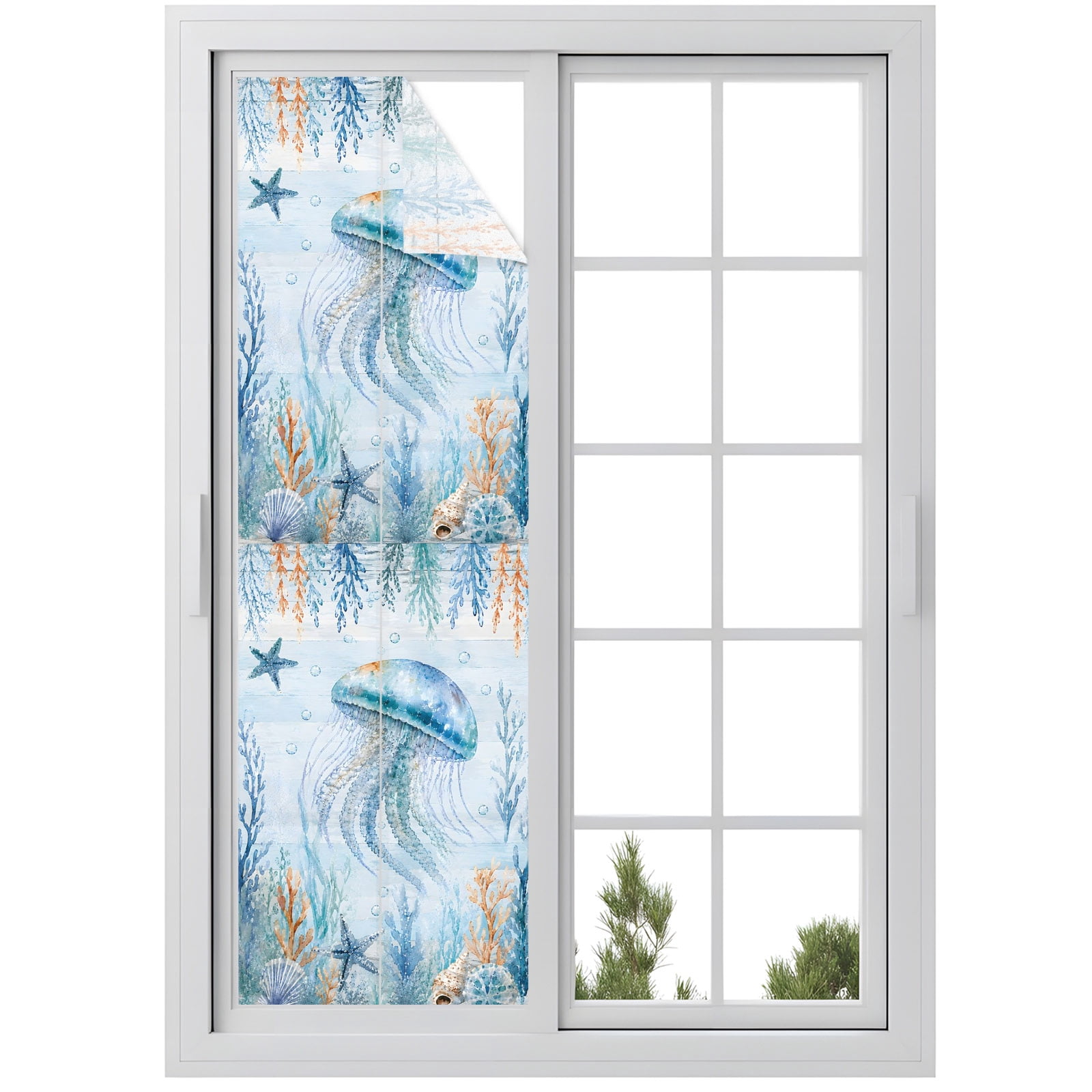 Blue Jellyfish Window Privacy Film, Nautical Coastal Shell Bubble Wood ...
