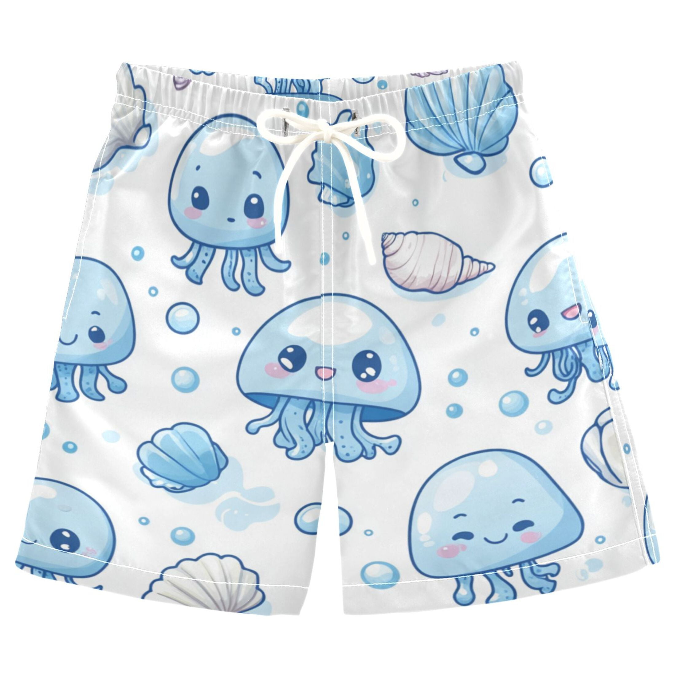 Blue Jellyfishes Shells Bubbles Cartoon Boys' Beach Pants Board Shorts ...