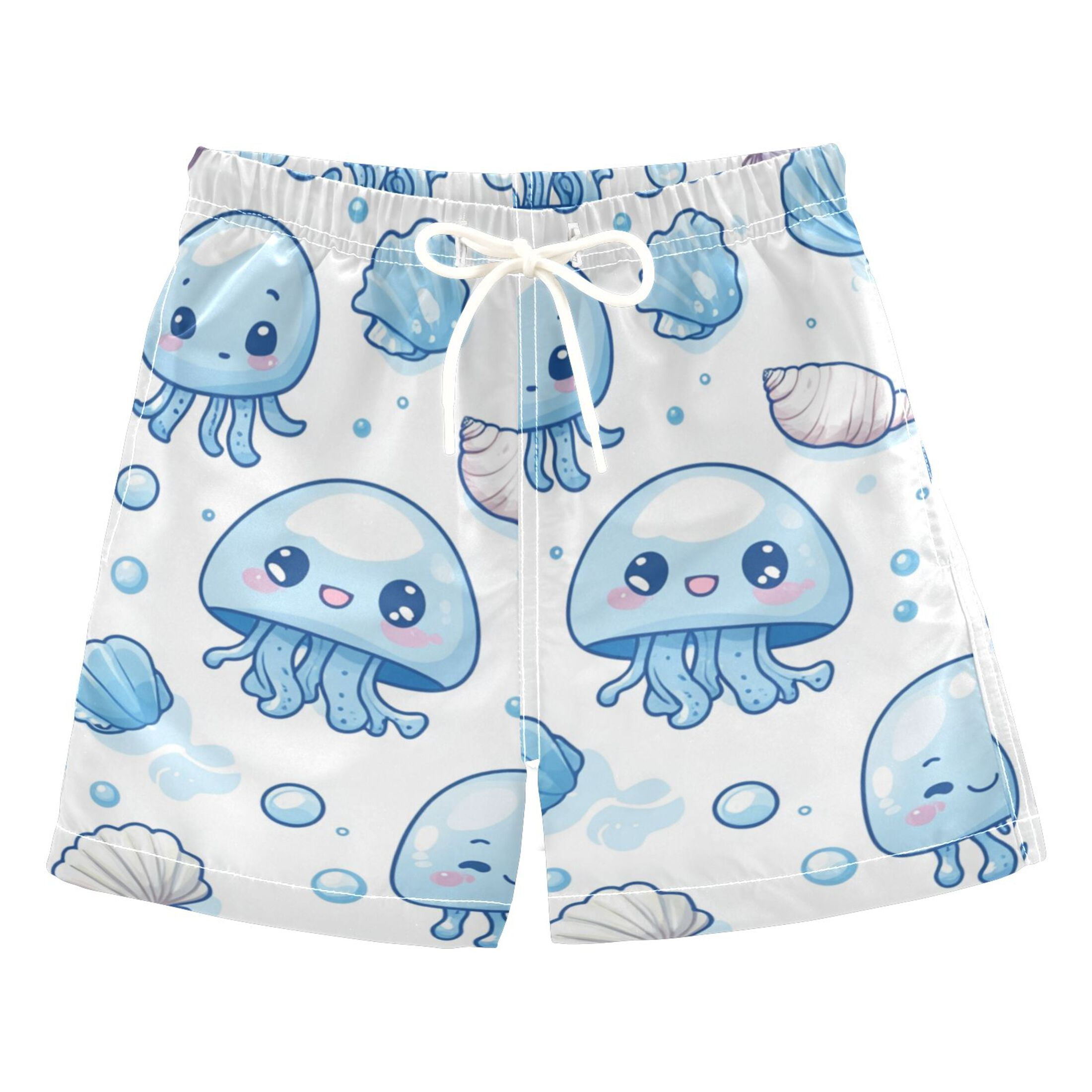 Blue Jellyfishes Shells Bubbles Cartoon Boys' Swim Trunks Board Shorts ...