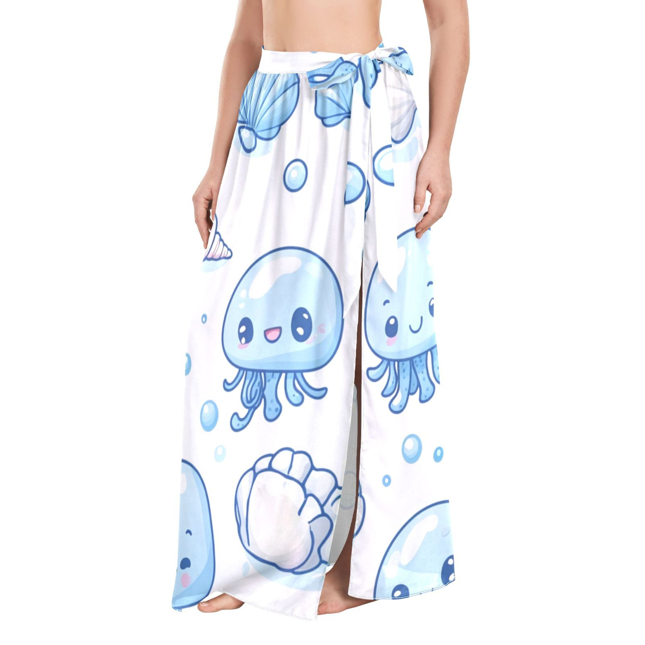 Blue Jellyfishes Shells Bubbles Cartoon Women's Swimwear Cover Ups ...