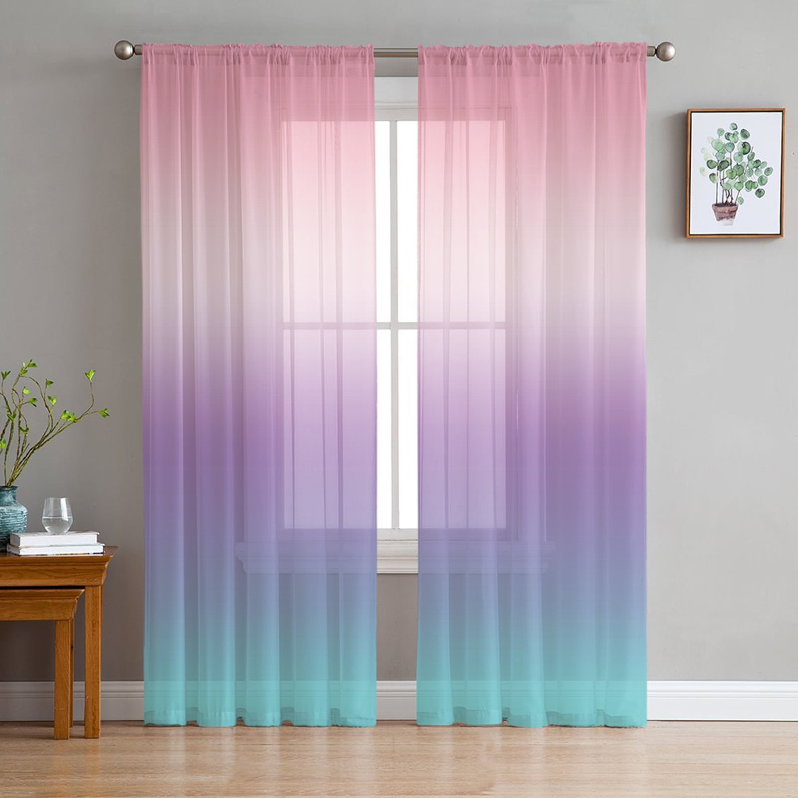 Blue Khaki Gradient Chiffon Sheer Curtains For Living Room Bedroom ...