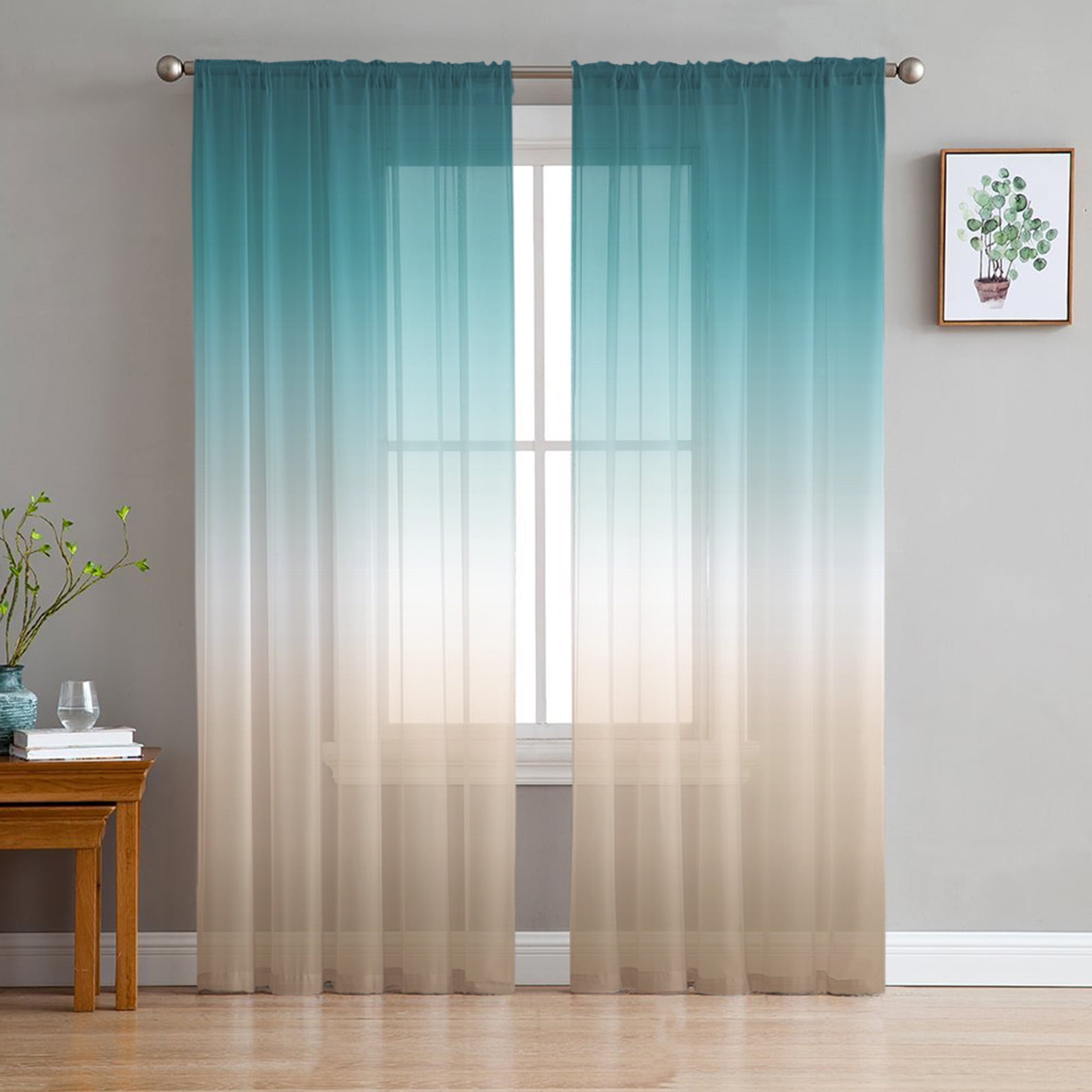 Blue Khaki Gradient Chiffon Sheer Curtains For Living Room Bedroom ...