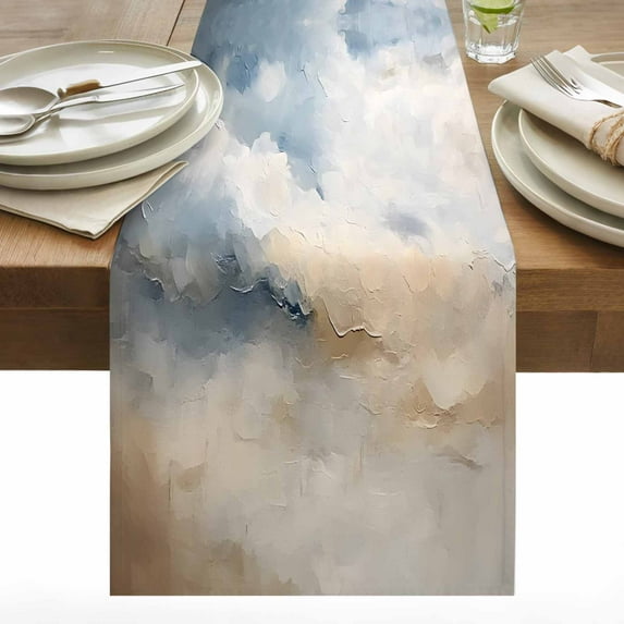 Blue Khaki Table Runner 13x90 inch Modern Abstract Art Cotton Linen ...