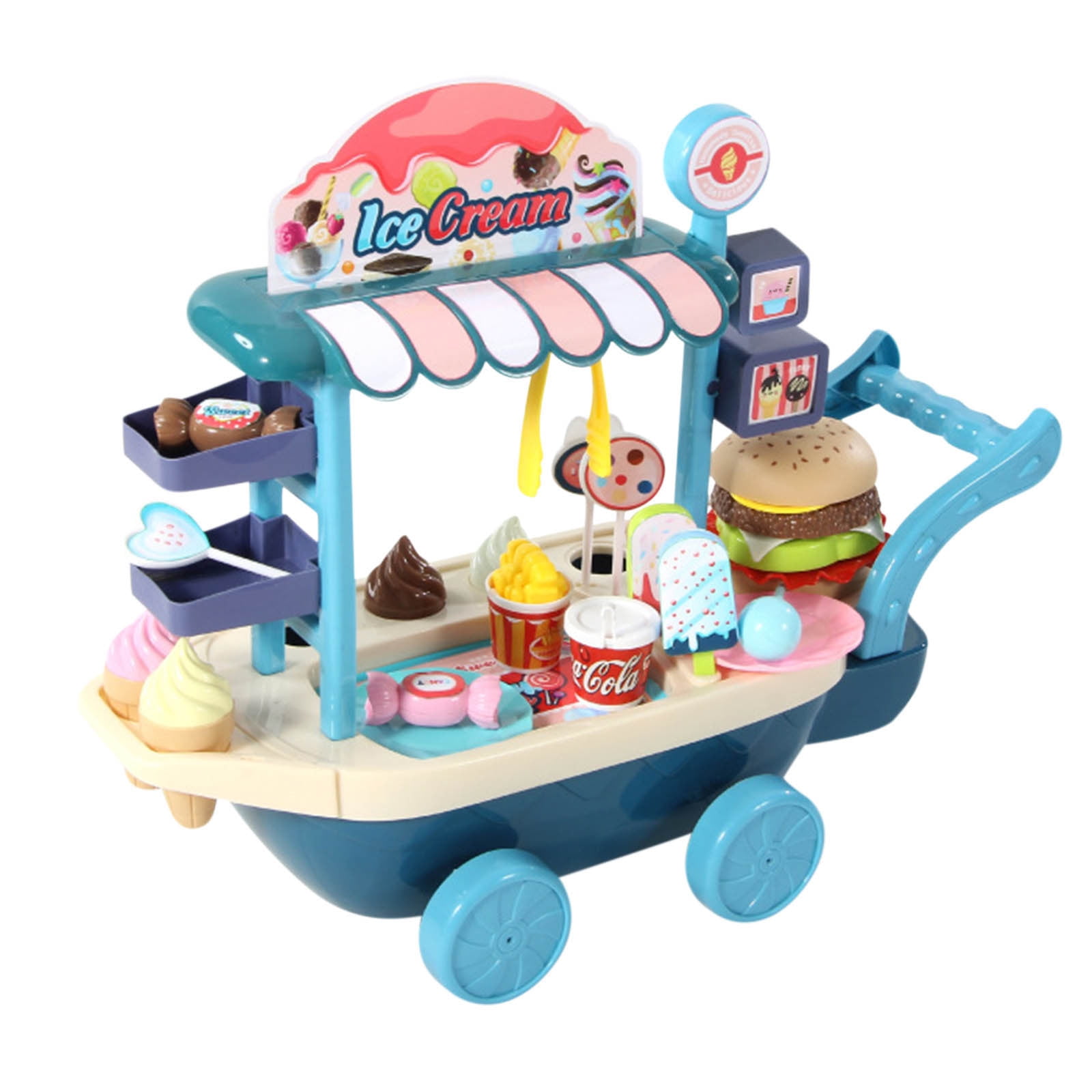 Blue Kids 48Pcs Ice Cream Cart Toy, Simulation Trolley Candy Set ...