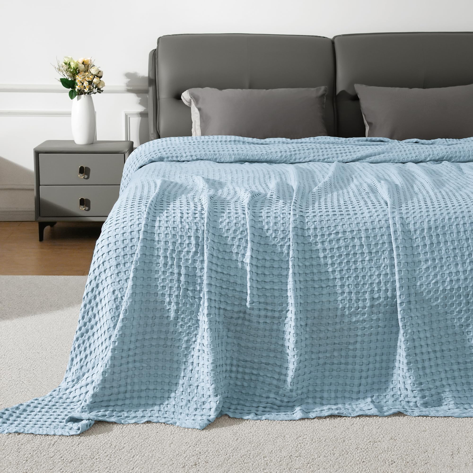 Blue King Waffle Weave Bed Blanket, Rayon Cotton Blend For Hot Sleepers ...