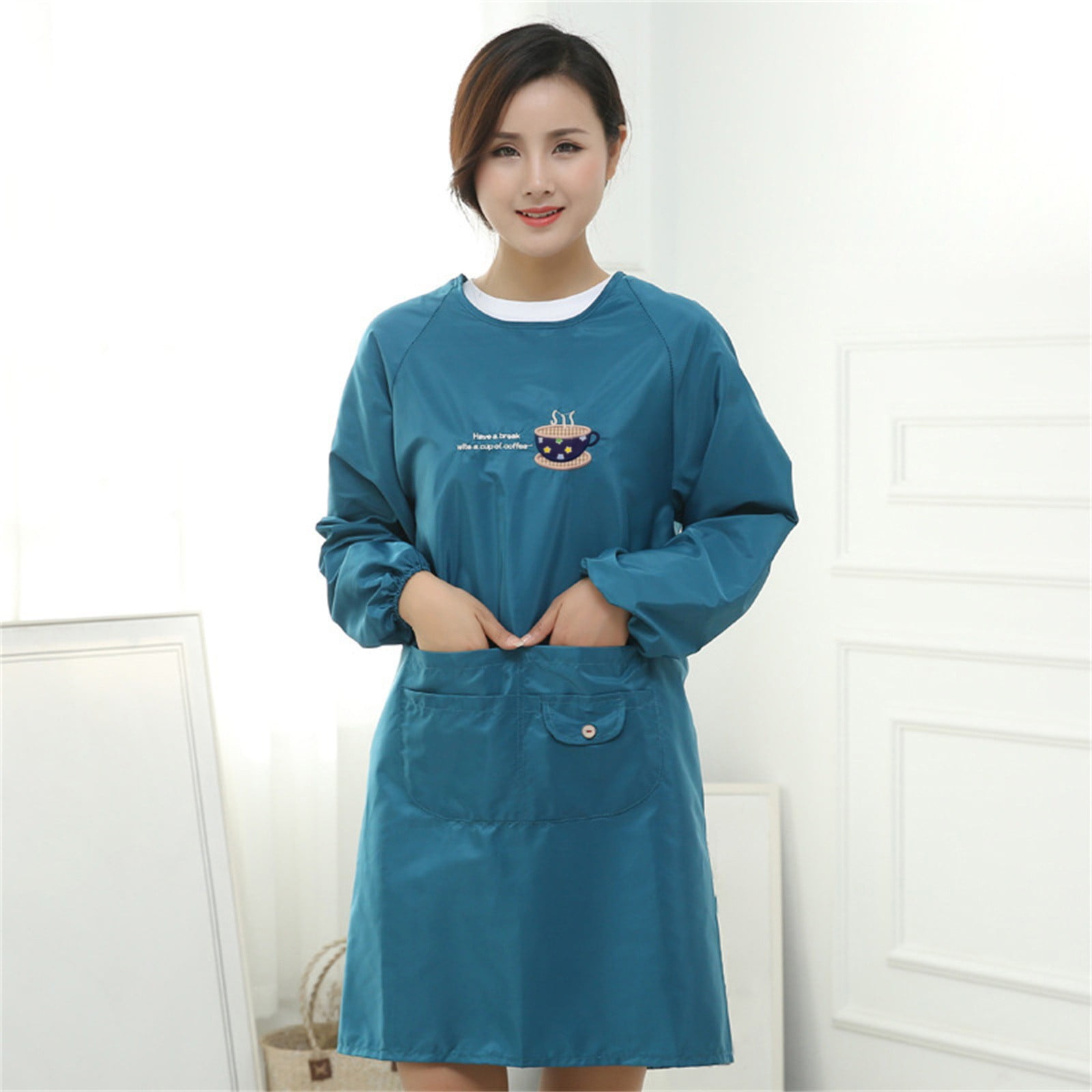 Blue Kitchen Apron Sleeve Kitchen Cooking Apron Adult Smock Long ...
