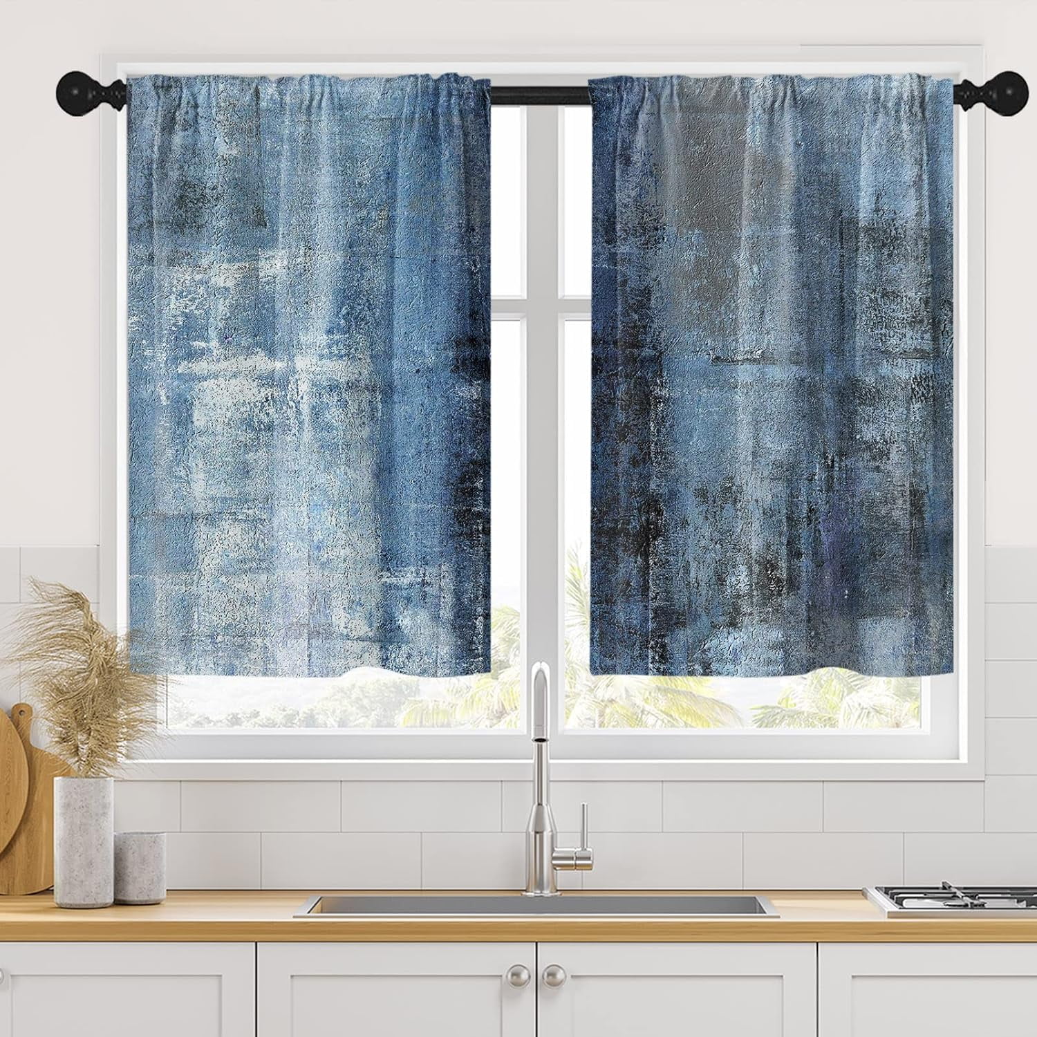 Blue Kitchen Curtains 36 Inch Length Grey Window Curtains Over Sink Set ...