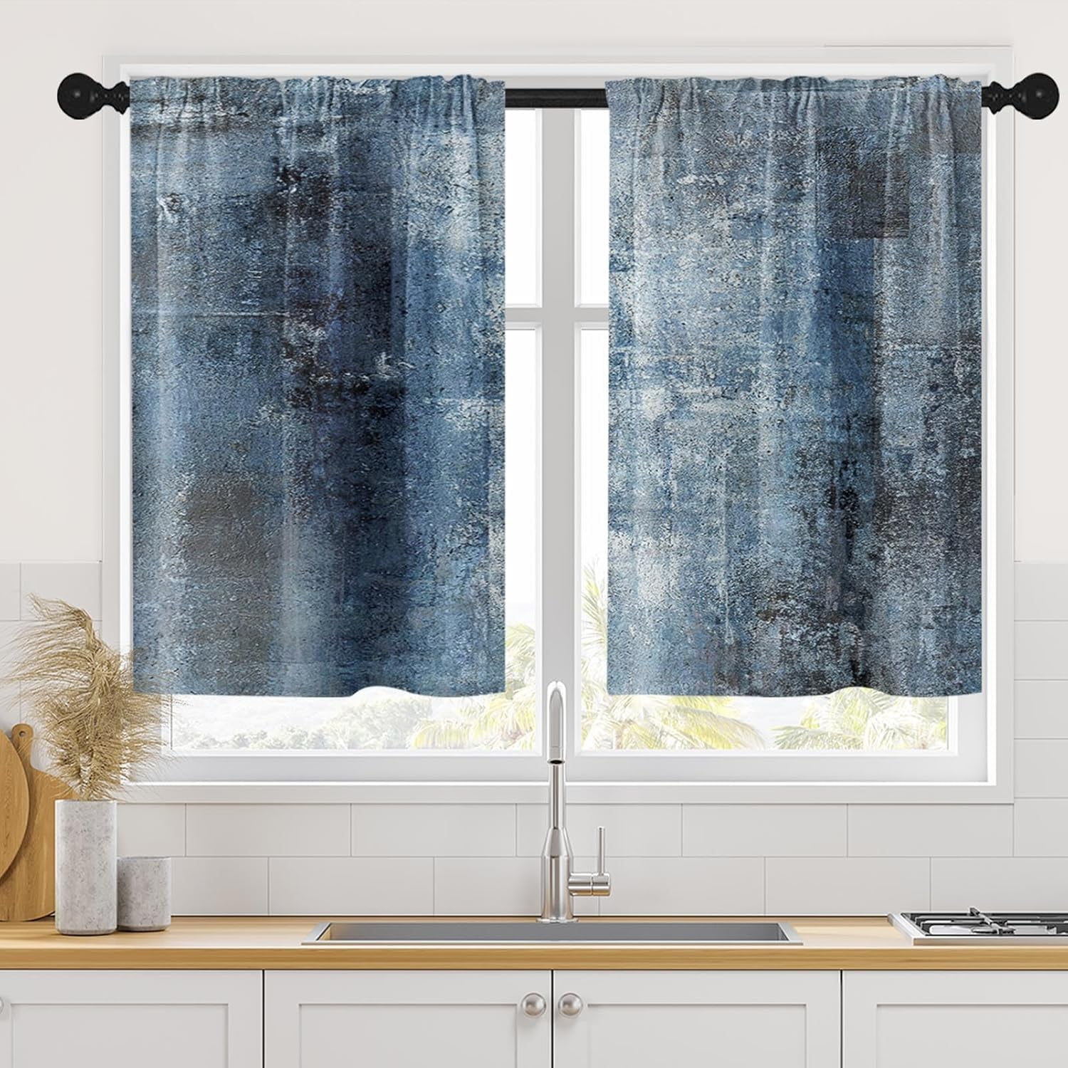 Blue Kitchen Curtains 36 Inch Length Grey Window Curtains Over Sink Set ...
