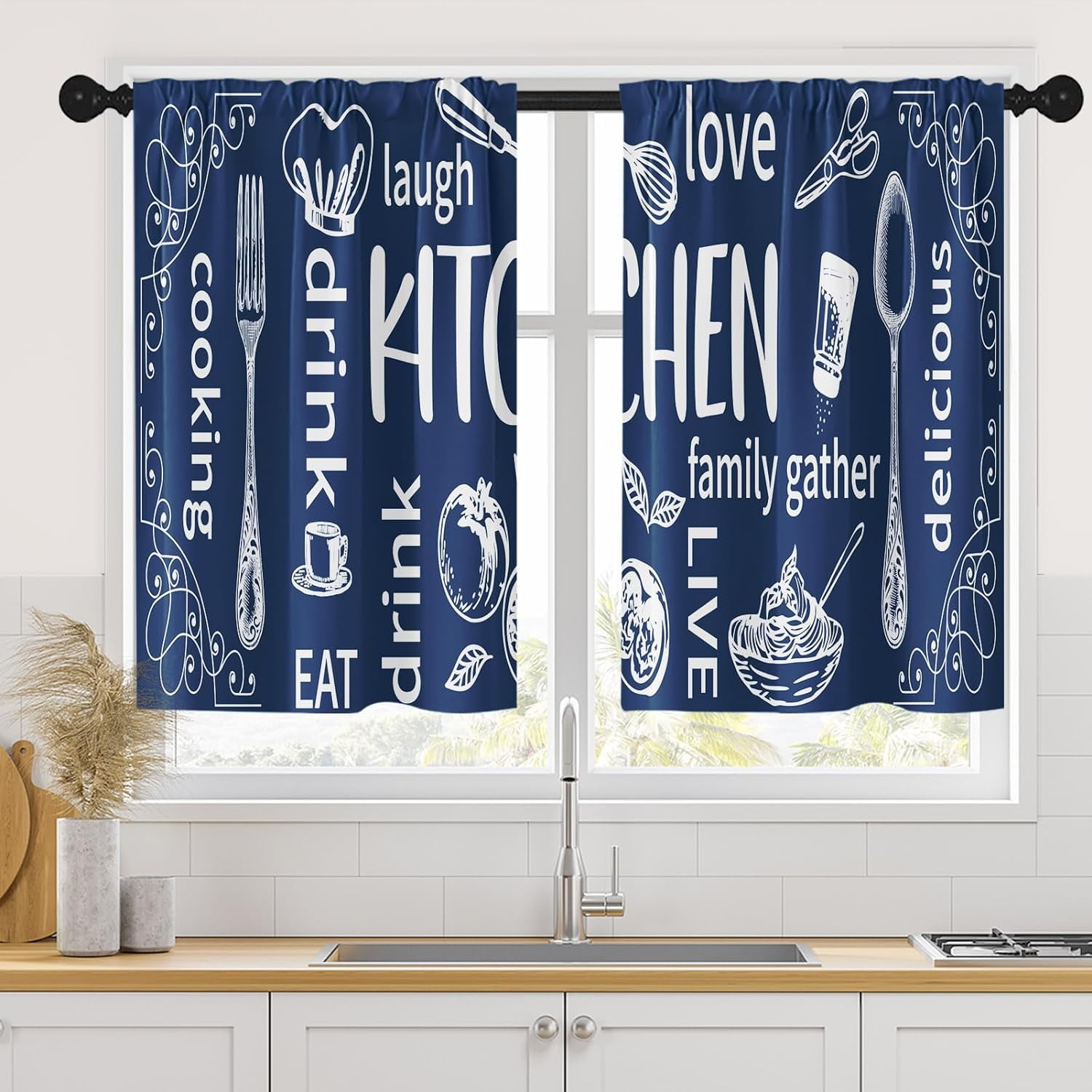 Blue Kitchen Curtains 36 Inch Length Modern Window Curtains Over Sink ...