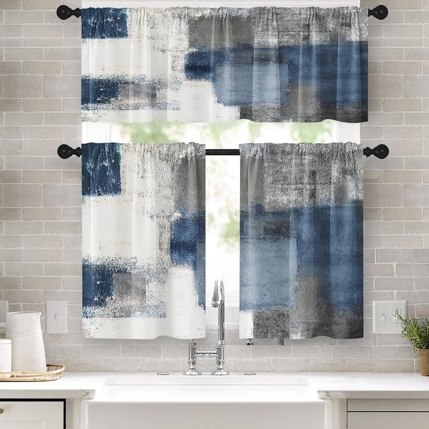 Blue Kitchen Curtains Grey White Window Curtains Valance and Tier Set ...