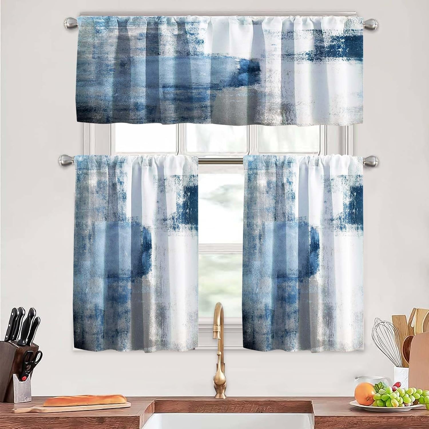 Blue Kitchen Curtains Tiers and Valances Set 3 Piece for Windows White ...
