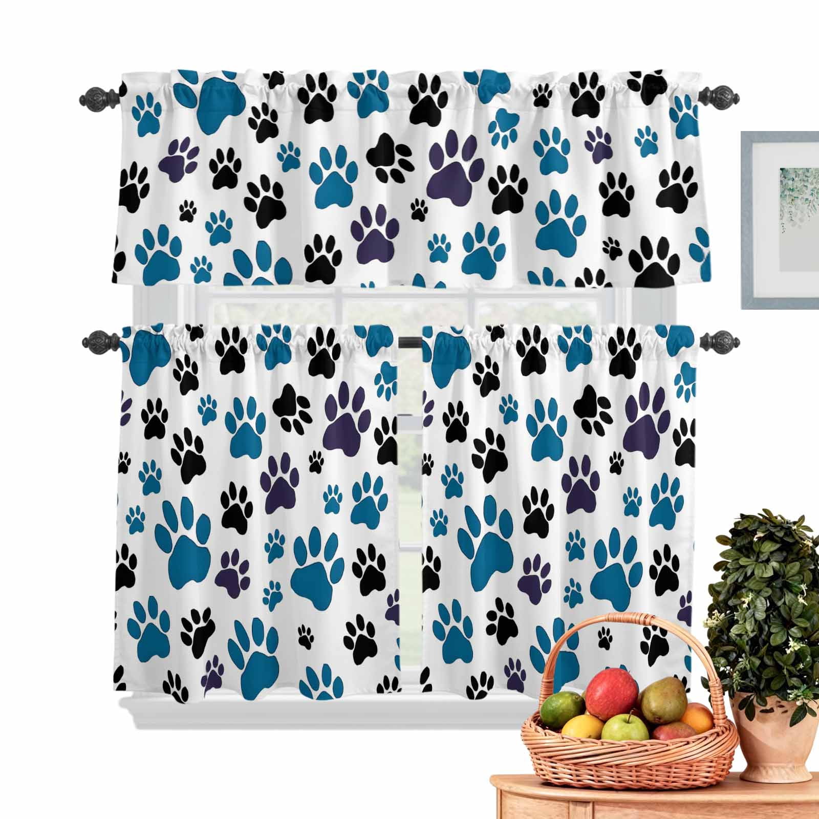 Blue and Kitchen Curtains Valances 3 Piece Set, Black Dog Paw Print Rod ...