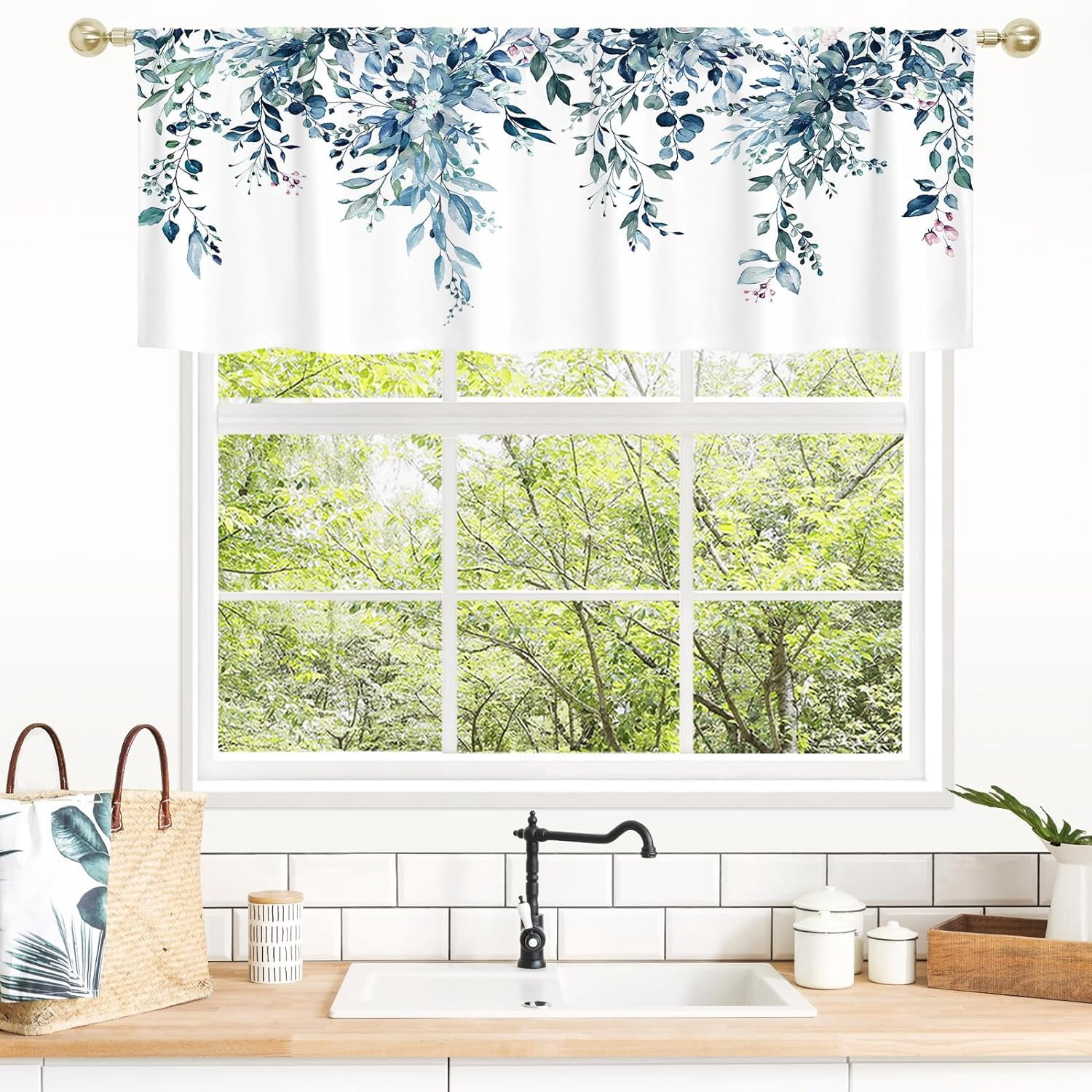 Blue Kitchen Curtains Valances, Eucalyptus Leaves Pattern Semi Sheer ...