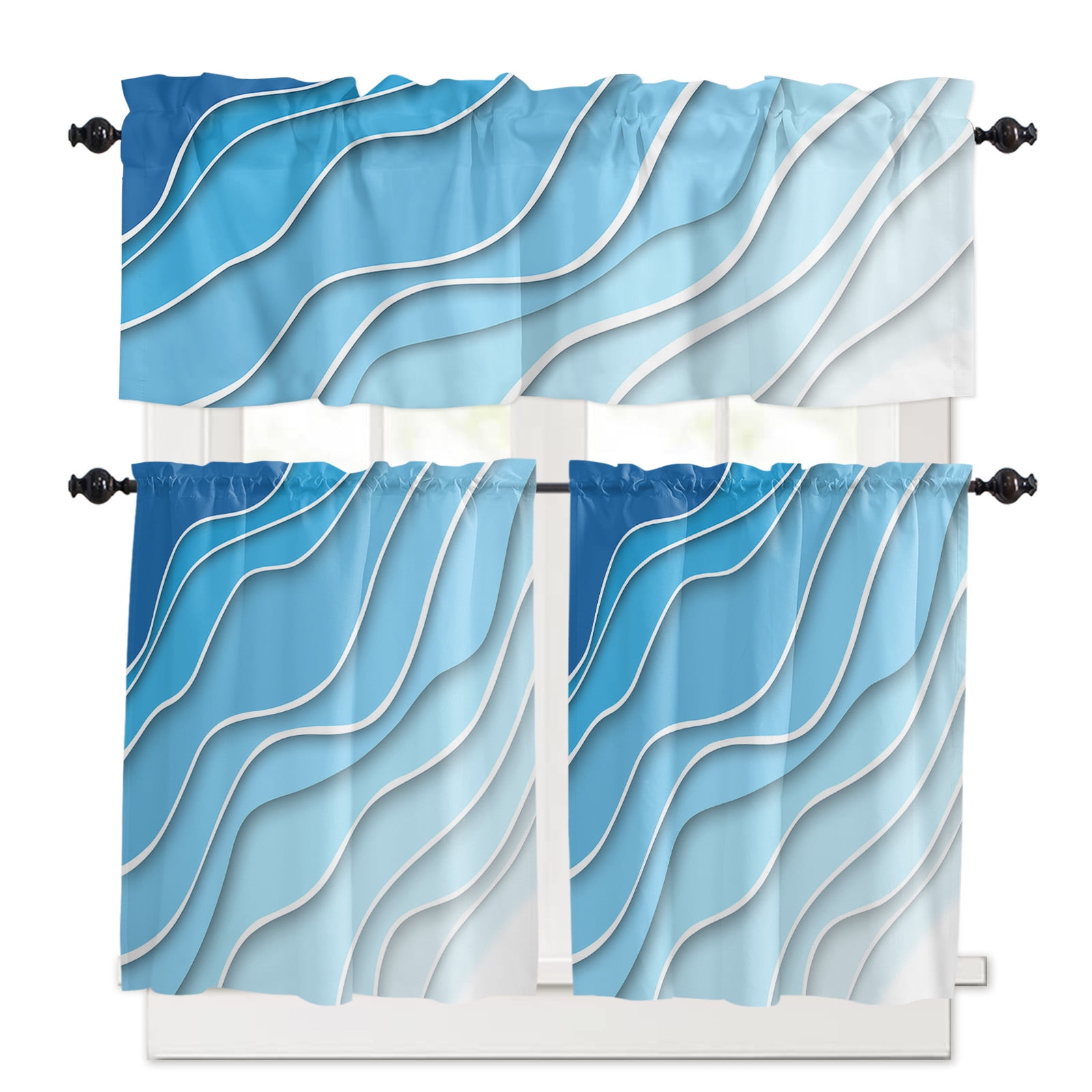 Blue, Kitchen Curtains and Valances Set, 3 Piece Kitchen Curtains Set ...