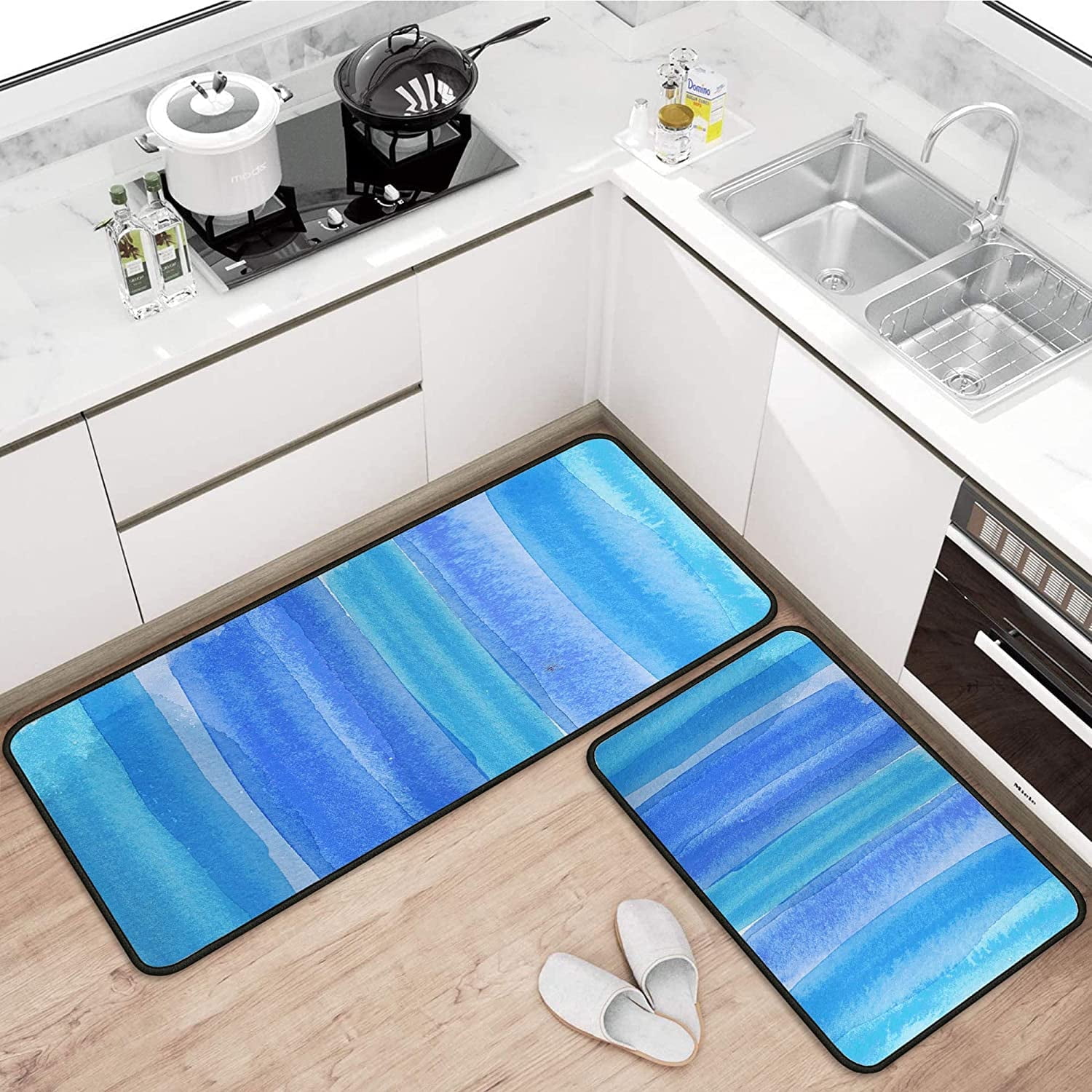 Blue Kitchen Mats and Rugs Set of 2 PCS, Blue Abstract Art Kitchen Rug ...