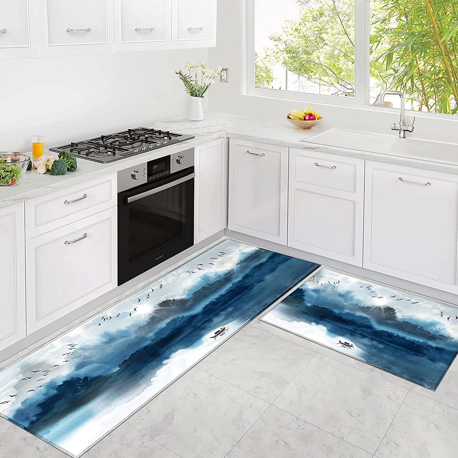 Pionism Blue Kitchen Rugs, Anti Fatigue Cushioned Mats, Waterproof ...
