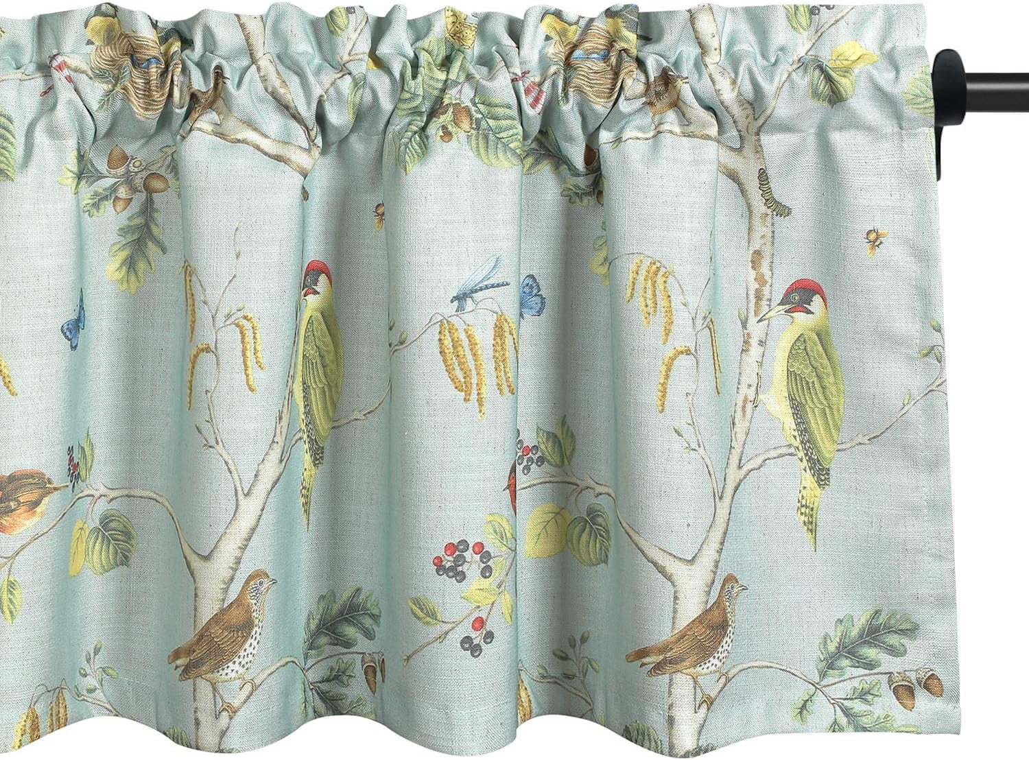 Blue Kitchen Valances for Windows, Birds and Trees Printed Pattern ...