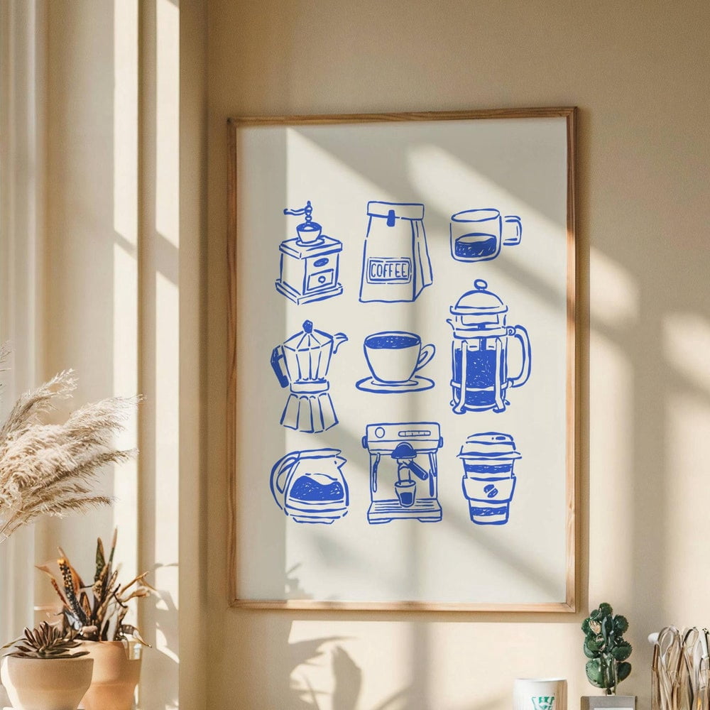 Blue Kitchen Wall Art, Coffee Bar Print, Minimal Drawing Decor, Trendy ...