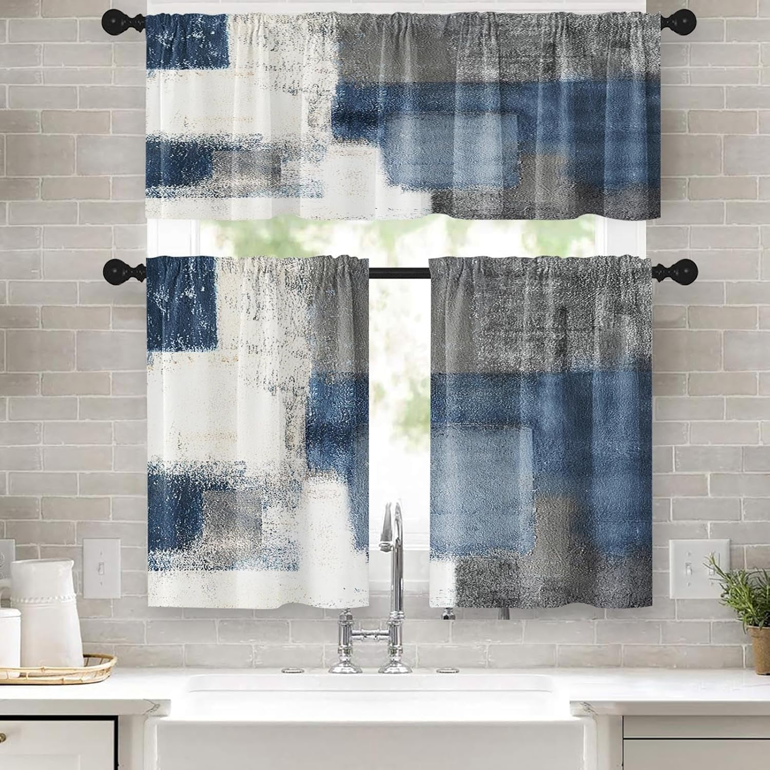 Blue Kitchen Window Curtains Valance and Tier Set 36 Inch, Grey White ...