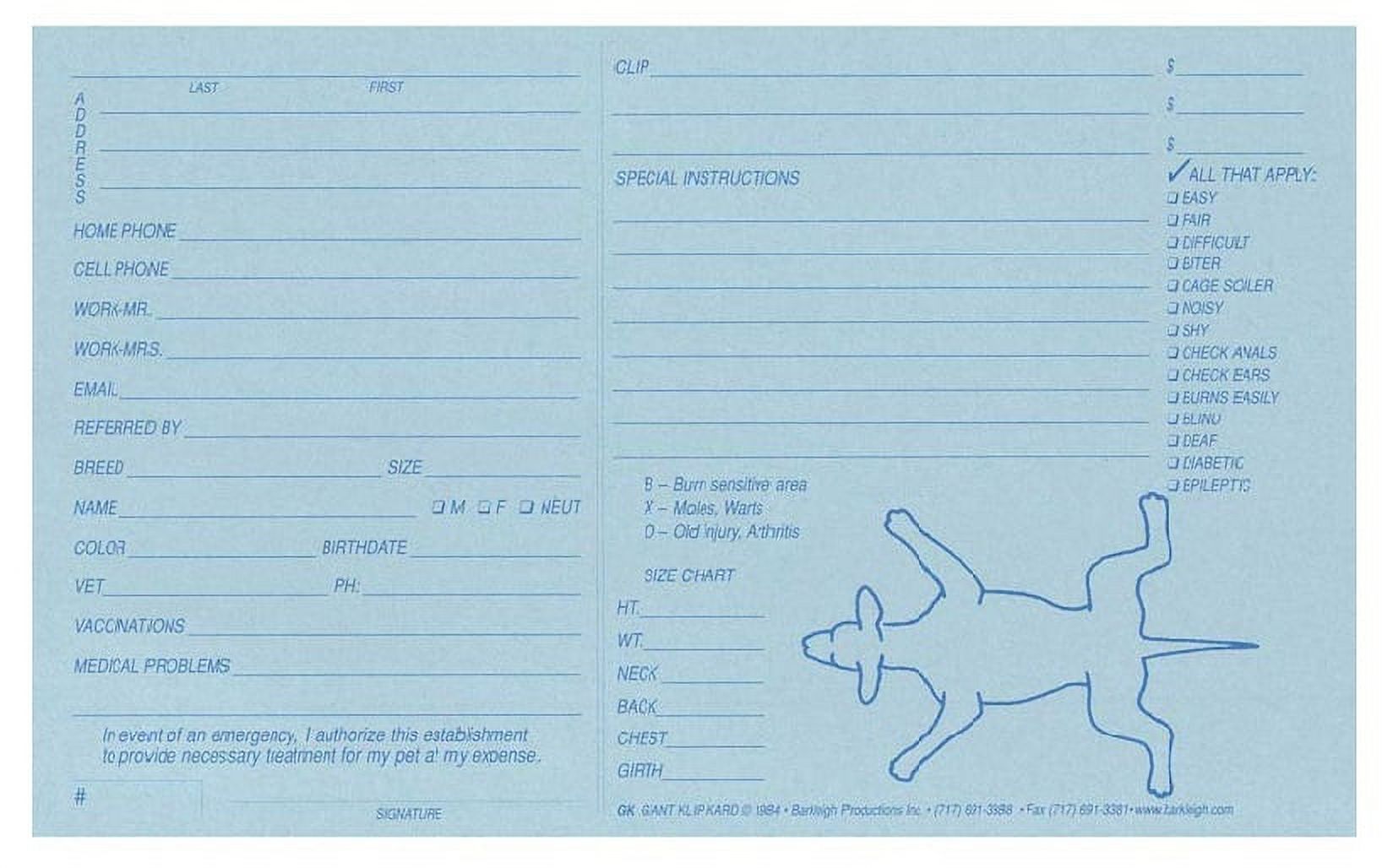 Blue Klip Kards Dog Grooming Kennel Card Diagram Info Checklist 5 x 8 ...