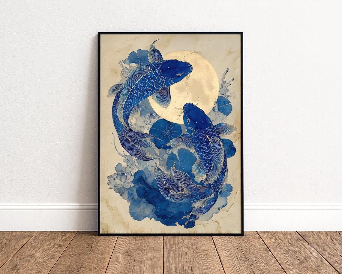 Blue Koi Fish Japanese Art Print, Indigo Koi Poster, Japandi Blue Fish ...