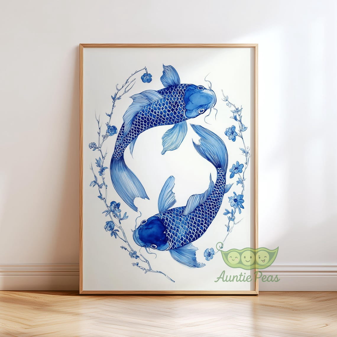 Blue Koi Fish Wall Art, Japanese Floral Print, Minimal Oriental Poster ...