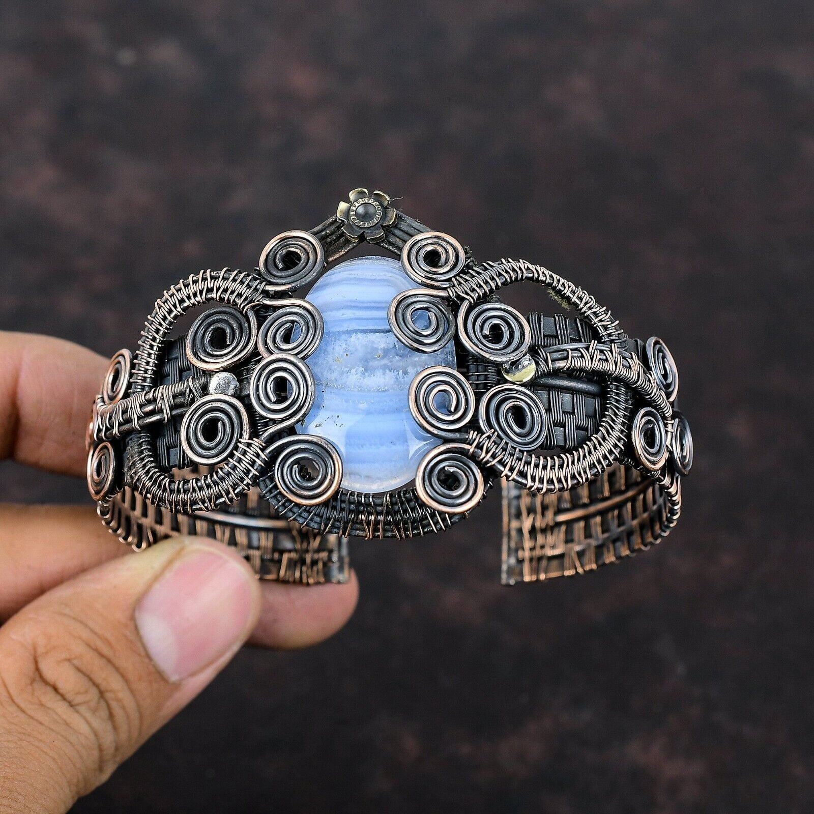 Blue Lace Agate Copper Gift For Mother Wire Wrapped Adjustable Cuff ...