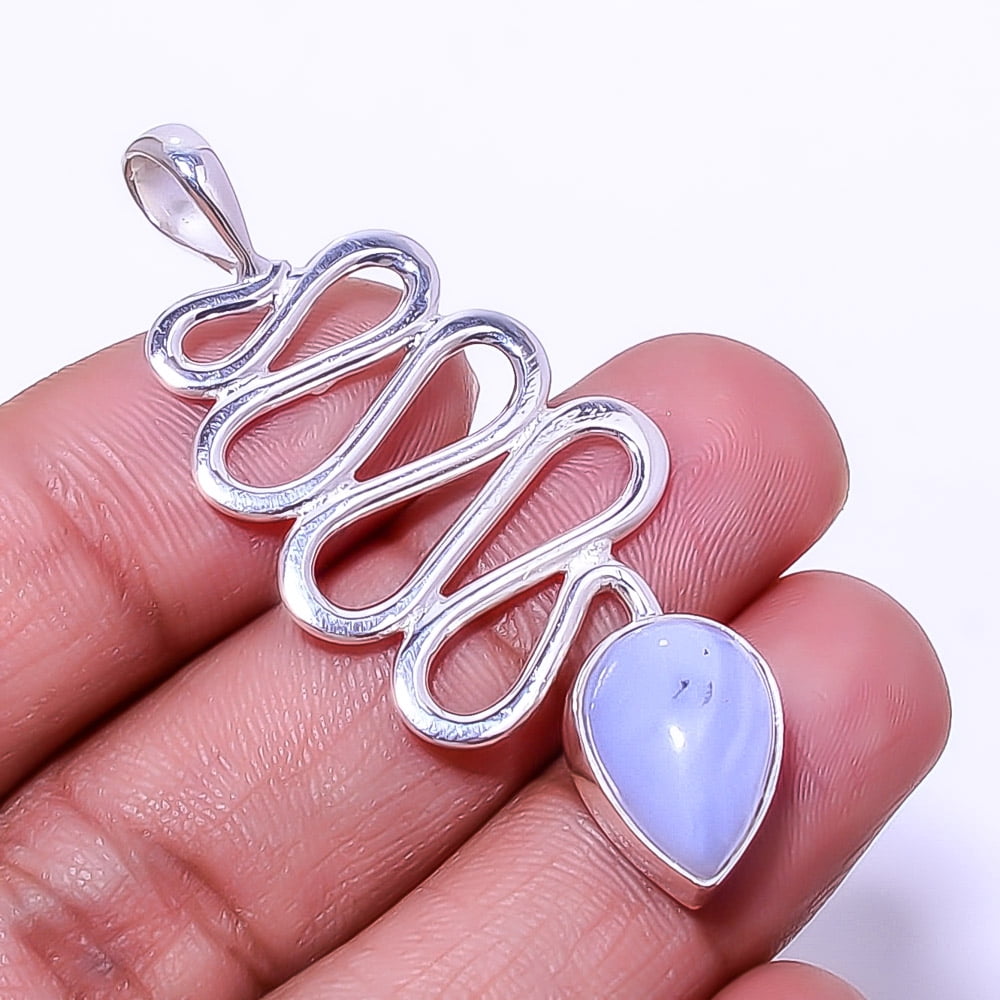 Blue Lace Agate - Namibia 925 Sterling Silver Snake Pendant 1.95" P ...