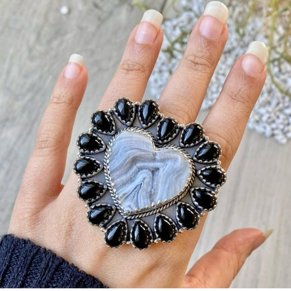 Blue Lace Agate With Black Onyx Ring, Statement Handcrafted Ring. made ...