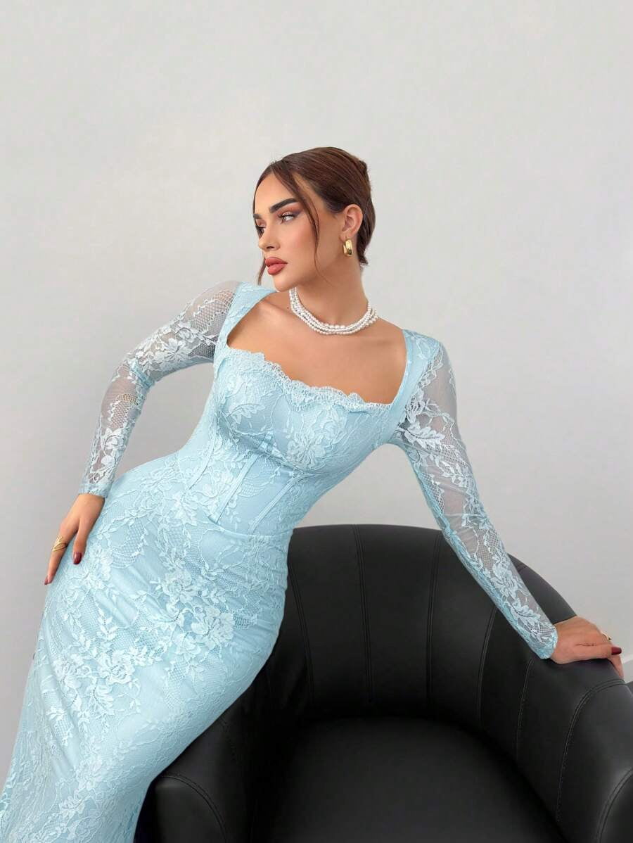 Blue Lace Long Sleeve Square Neck Corset-Fit Floor-Length Evening Dress ...
